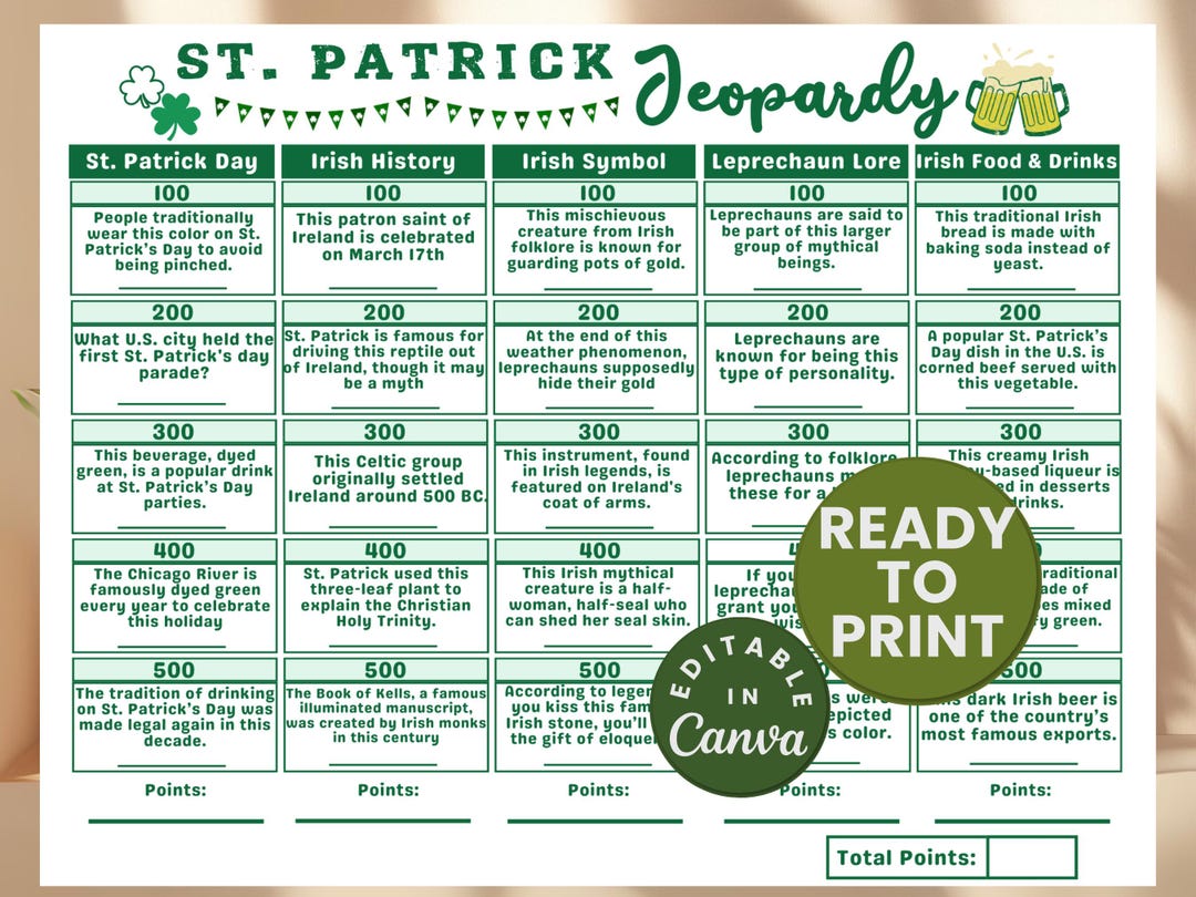 St Patricks Day Jeopardy Trivia Party Game for Kids School Activity ...