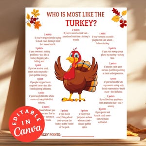 Who is Most Like a Turkey Game, Fun Thanksgiving Family Game, Printable ...