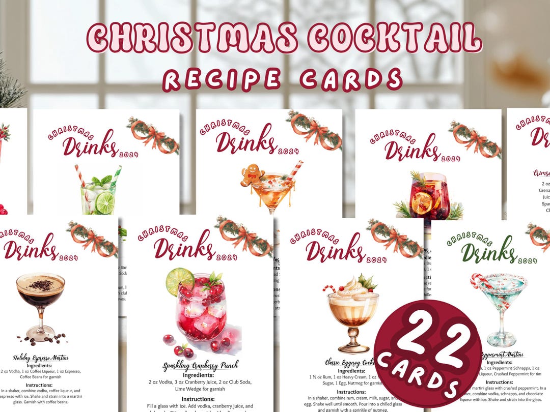 Holiday Bartender Cocktail Recipe Cards Christmas Party Drink Sign Menu ...