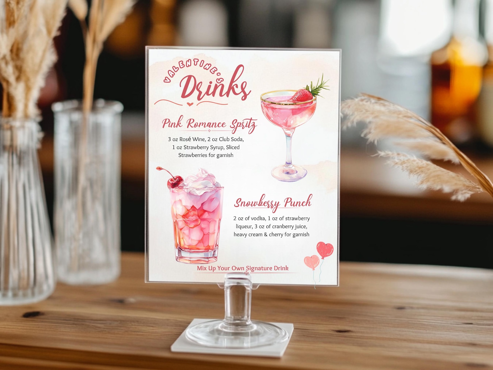 20 Valentine's Day Cocktail Recipe Sign Card Galentines Party Menu ...