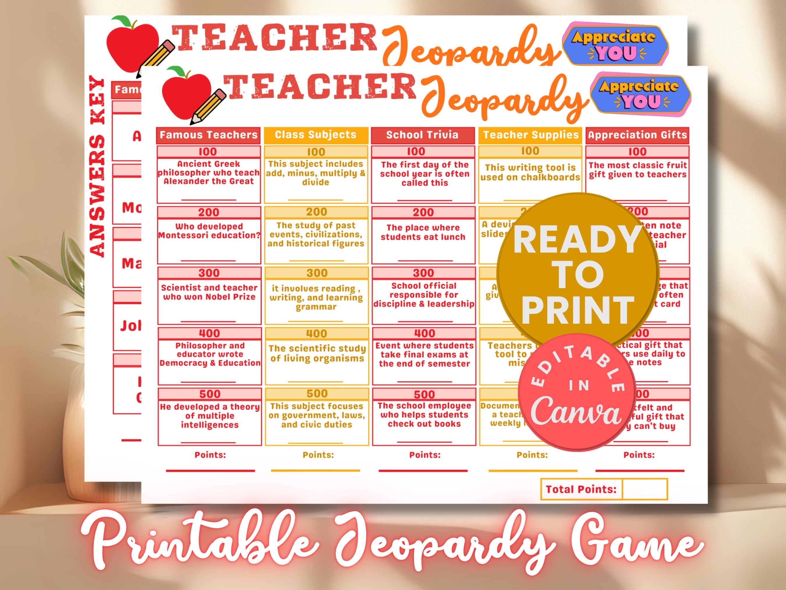 Teacher Appreciation Week Printable Jeopardy Game Teacher Trivia ...