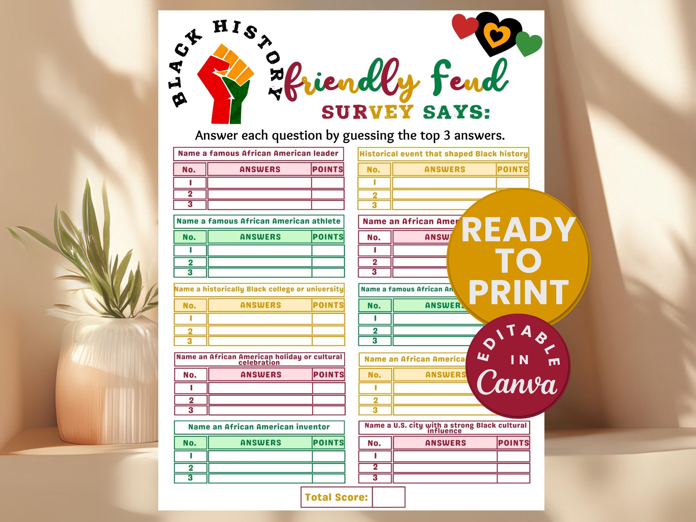 Printable Black History Month Trivia Game Sheet School Black History ...