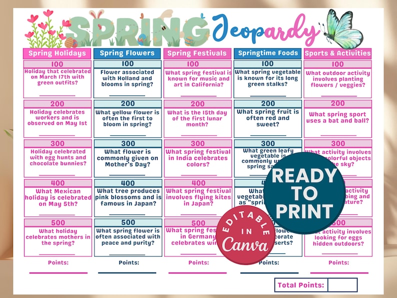 DIY Spring Game Sheet Jeopardy Printable Games for Kids Classroom ...