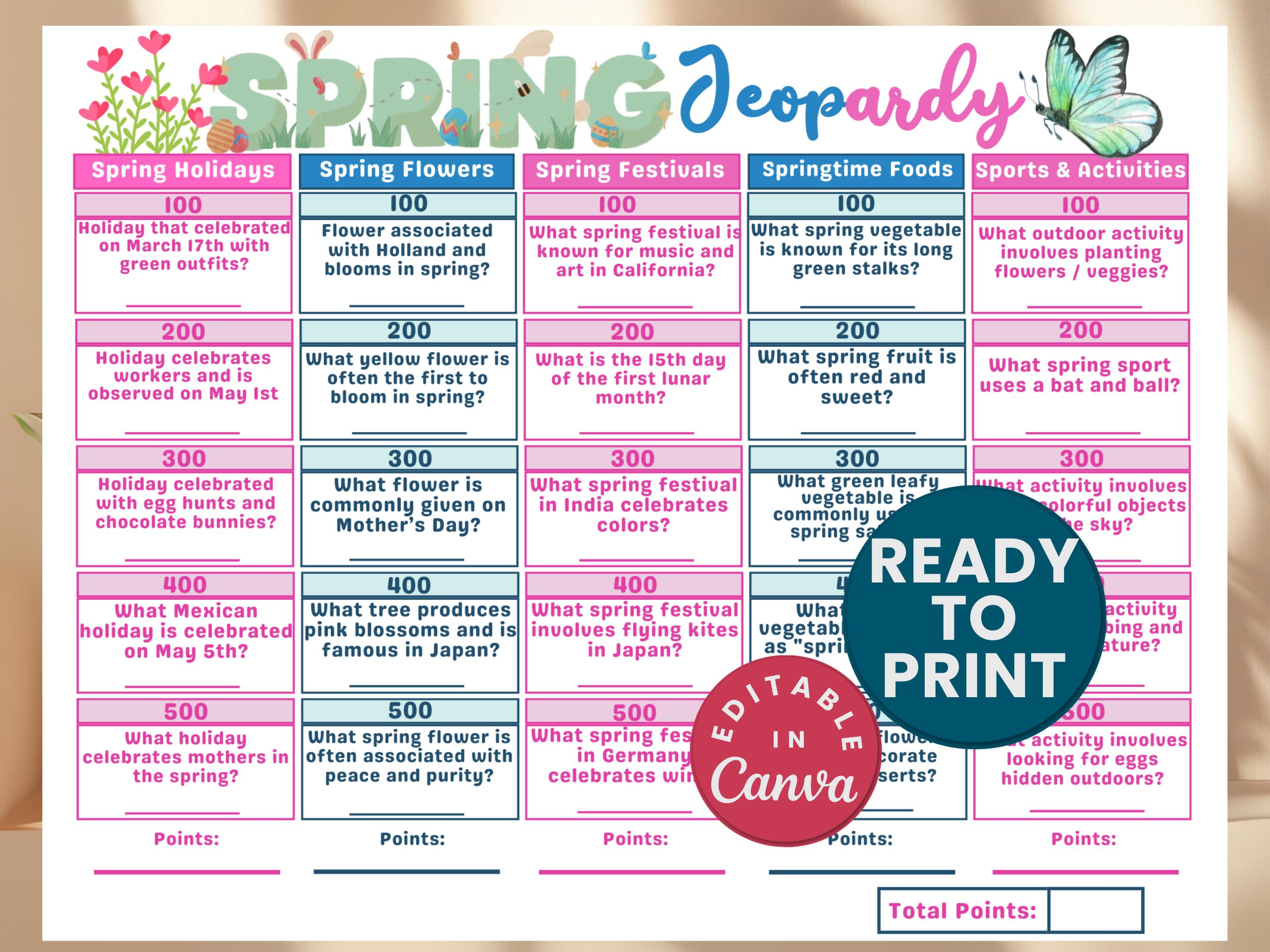 DIY Spring Game Sheet Jeopardy Printable Games for Kids Classroom ...