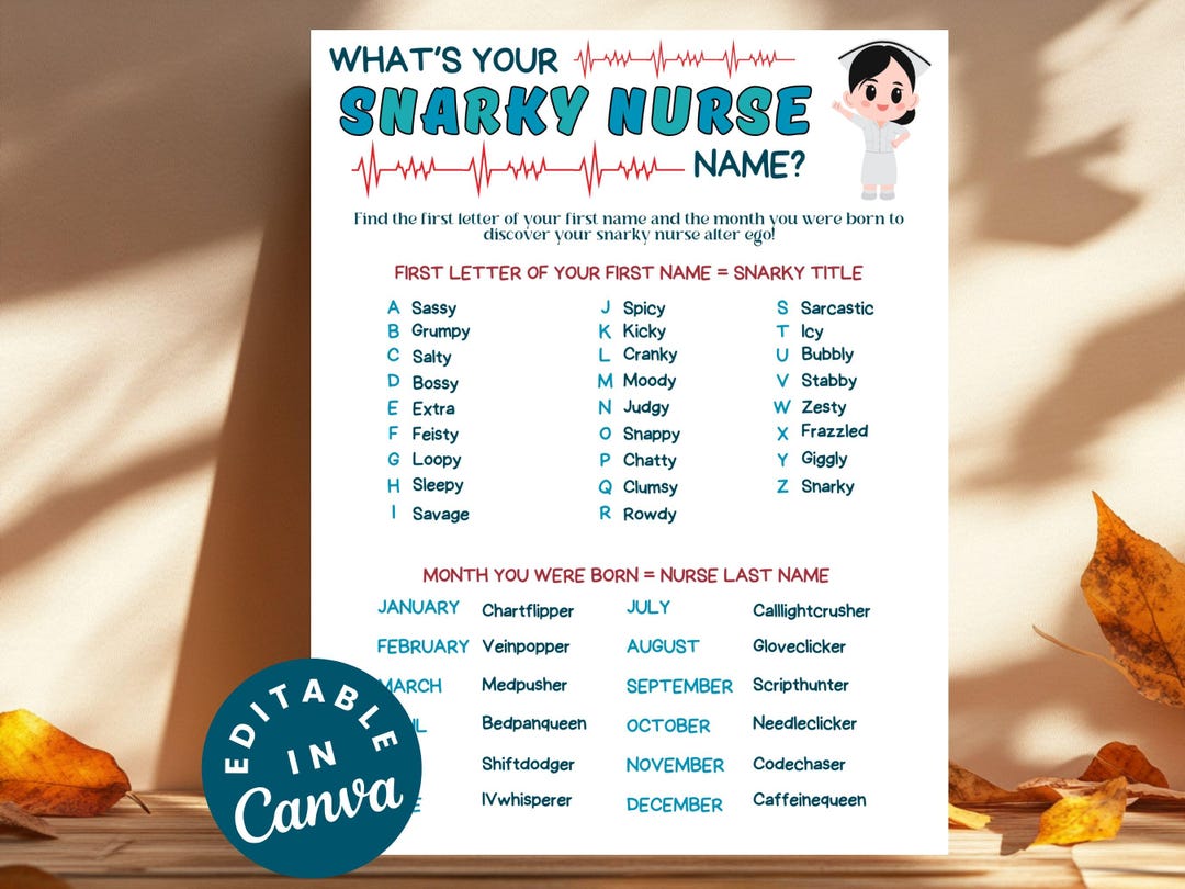 What is Your Nurse Name Printable Nurses Week Party Games Nurse Trivia ...