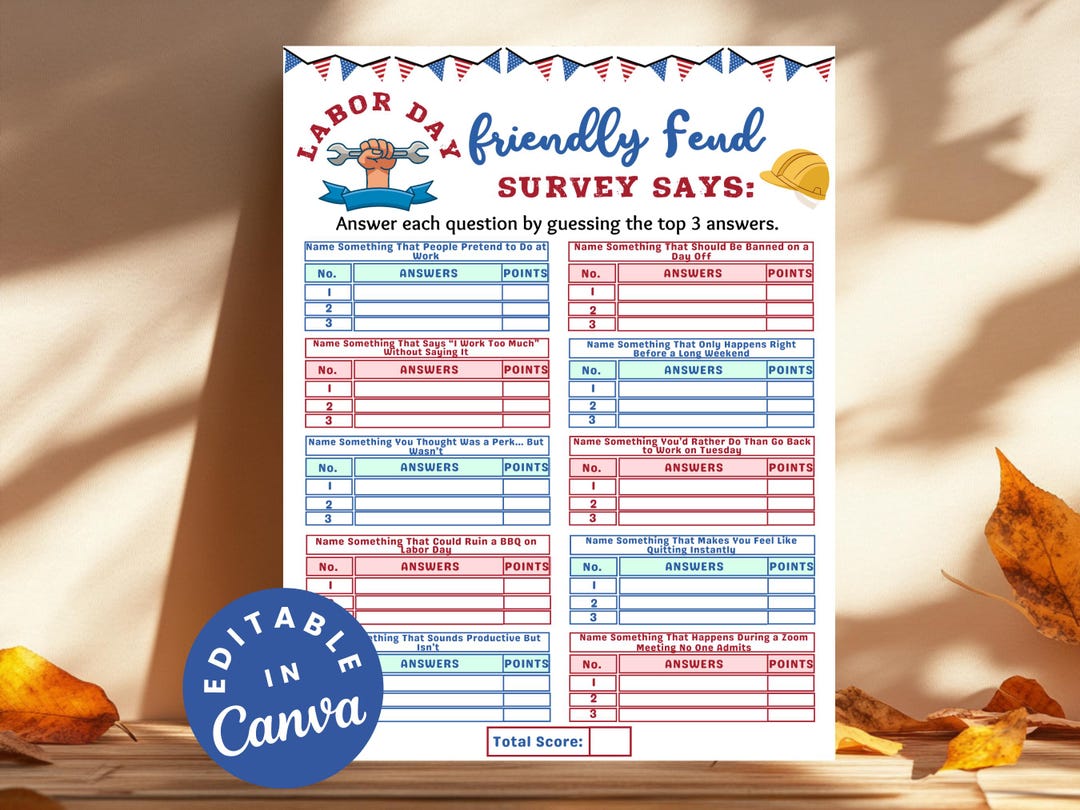 Patriotic Friendly Feud Game Sheet Printable 4TH of July Feud Labor Day ...