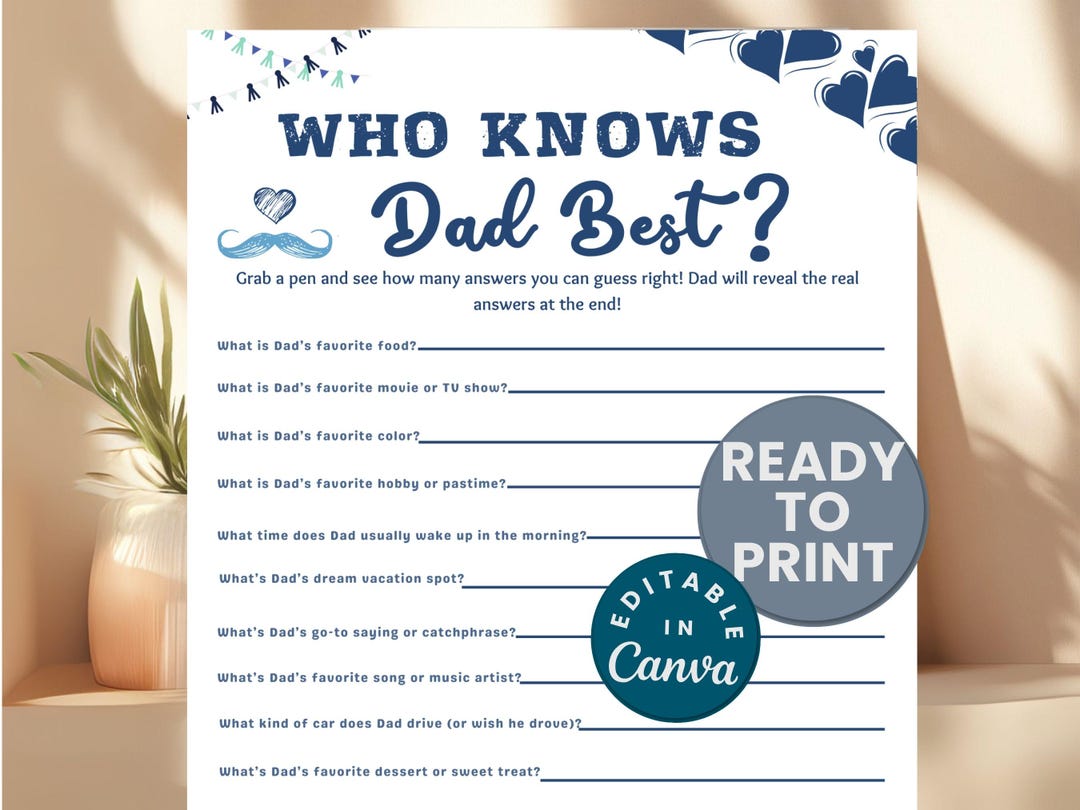 Who Knows Dad Best Trivia Game, Printable Father's Day Party Game, Dad ...