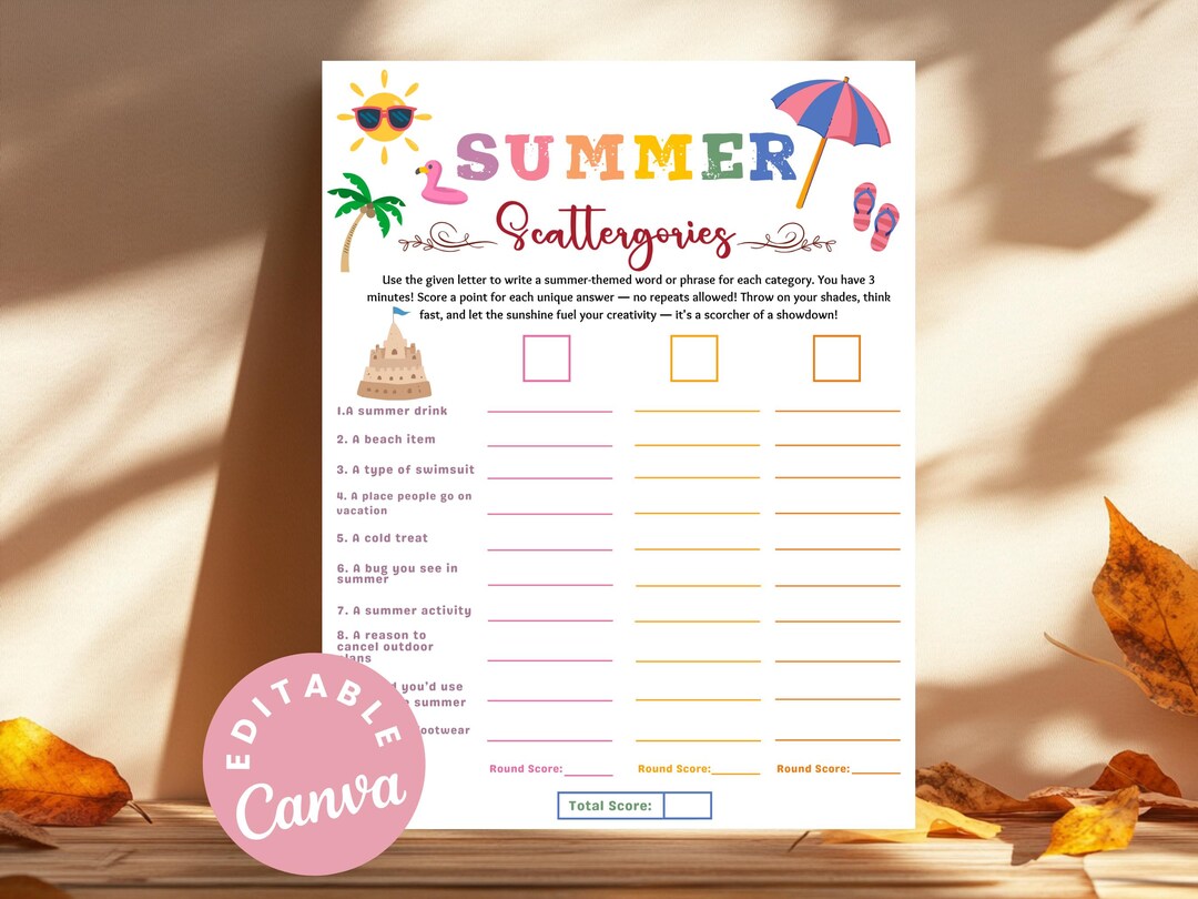 Summer Scattergories Game Sheet, Printable Summer Trivia Birthday Party ...
