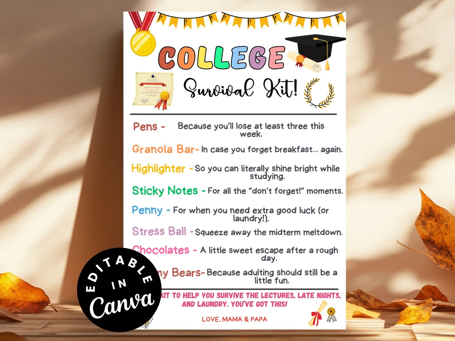 College Survival Kit, Editable Canva Template for Graduation Gift ...