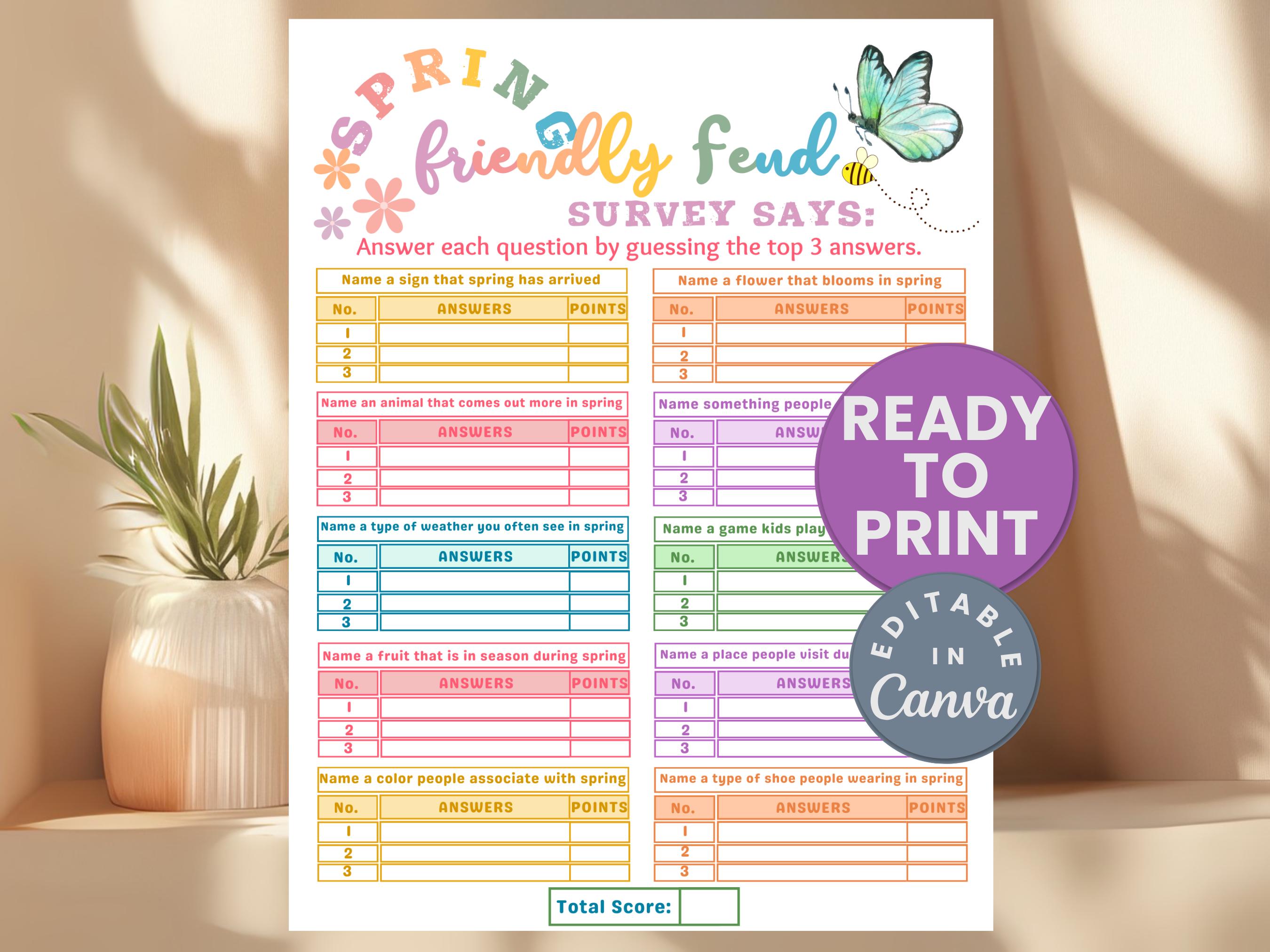 Spring Friendly Feud Game Sheet Printable Spring Easter Feud Games Kids ...