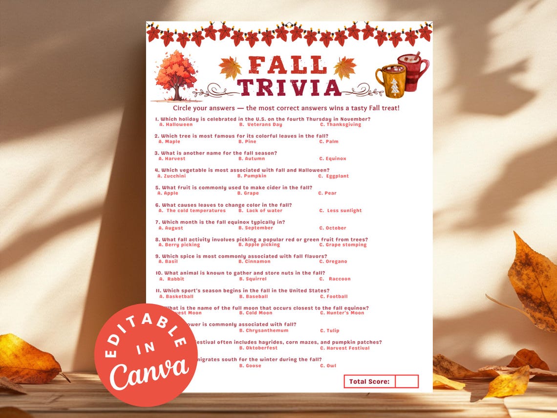 Fall Trivia Game Sheet Printable Autumn Fun Trivia Questions ...