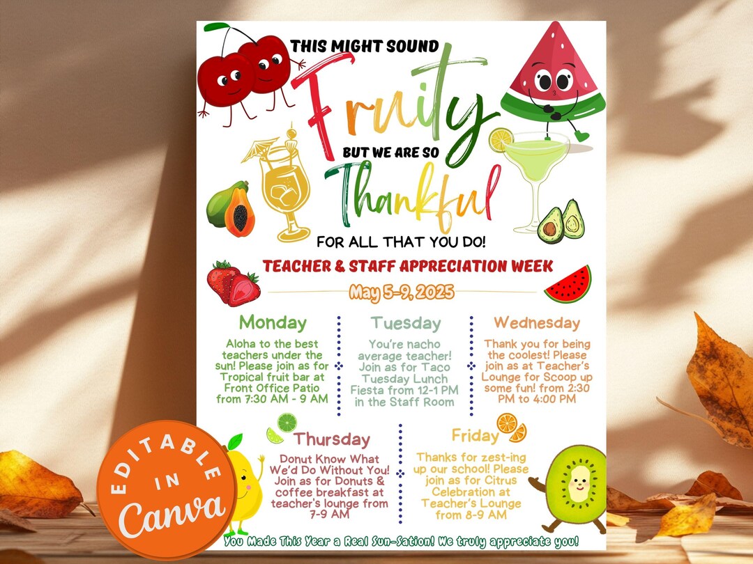 Editable Fruity Teacher & Staff Appreciation Week Itinerary Flyer ...