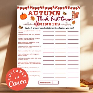 Autumn Think Fast Game Sheet Printable Fun Holiday Trivia Family Party ...