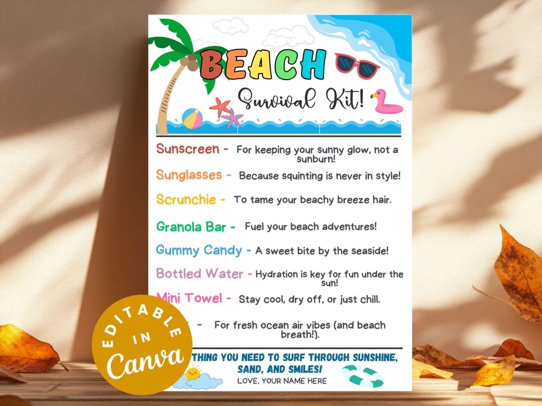 Beach Survival Kit Tags, Printable Summer Party Favor Labels, Fun Beach ...