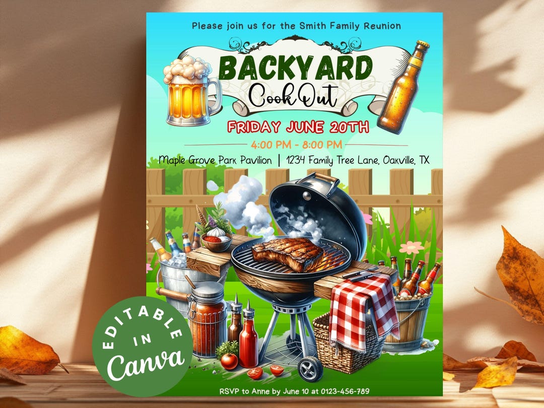 Backyard Cookout Family Reunion Flyer, Editable BBQ Invitation, Summer ...
