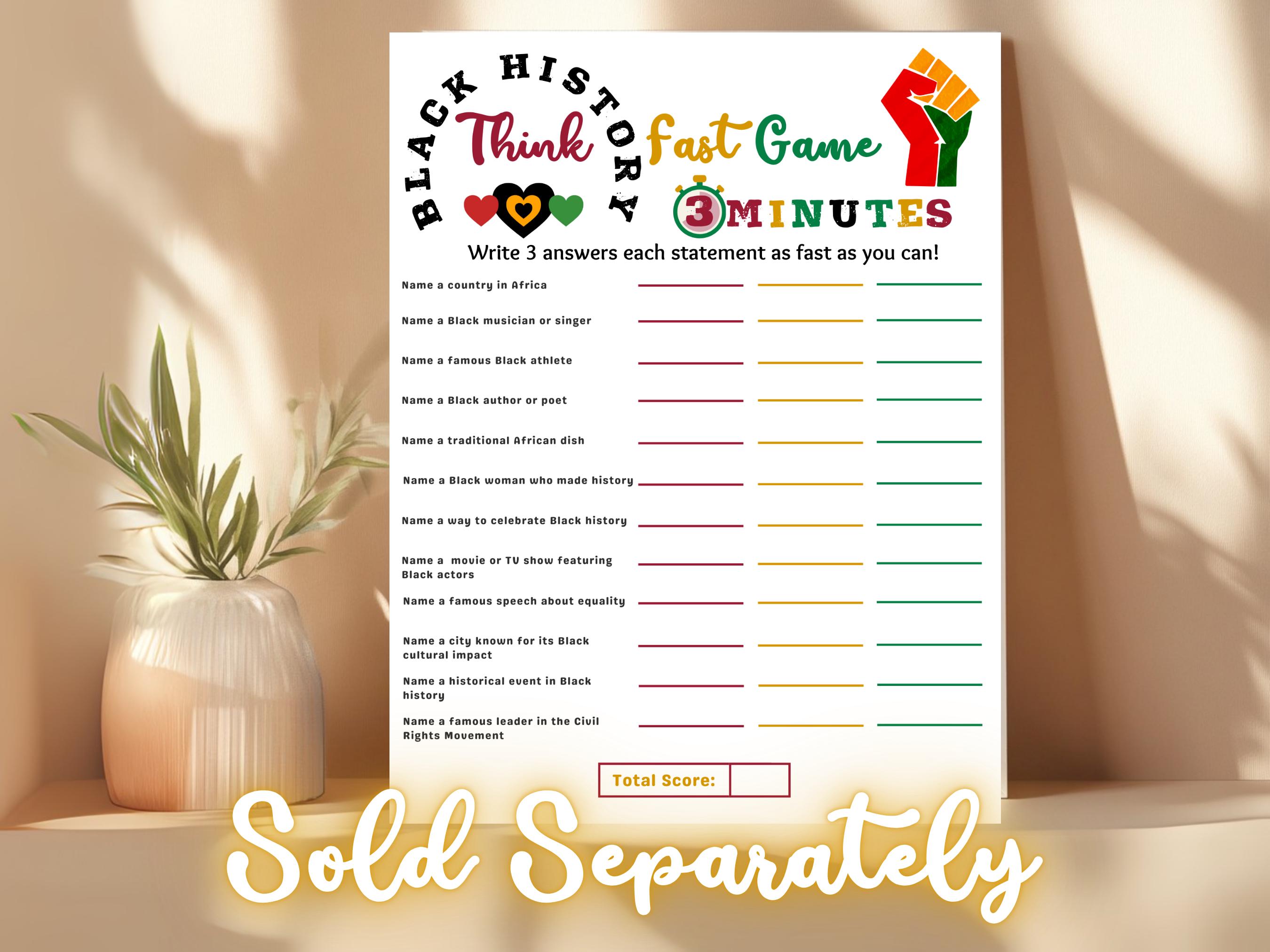 Printable Black History Month Trivia Game Sheet School Black History ...