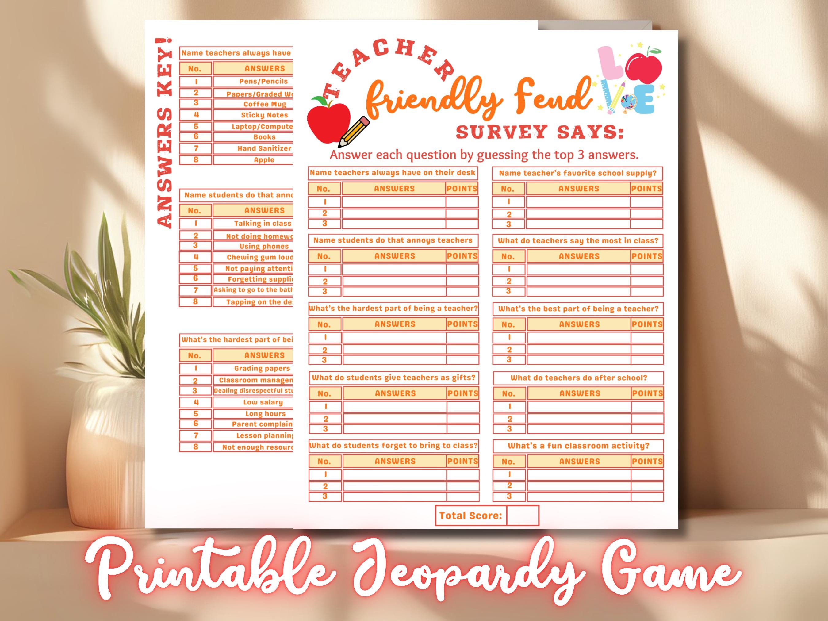 Printable Teacher Feud Game Teacher Appreciation Week Teacher Trivia ...