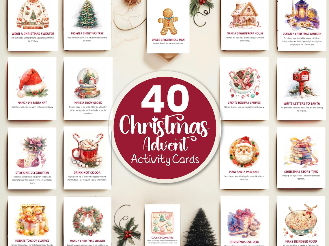40 Advent Calendar Activity Cards Christmas Countdown Kids Advent Cards ...