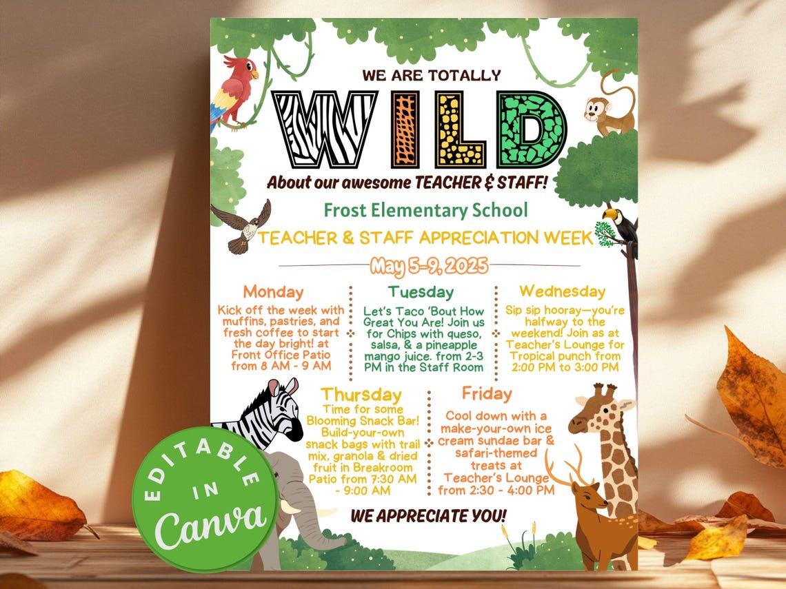 Jungle Teacher Appreciation Week Itinerary, Editable Template ...