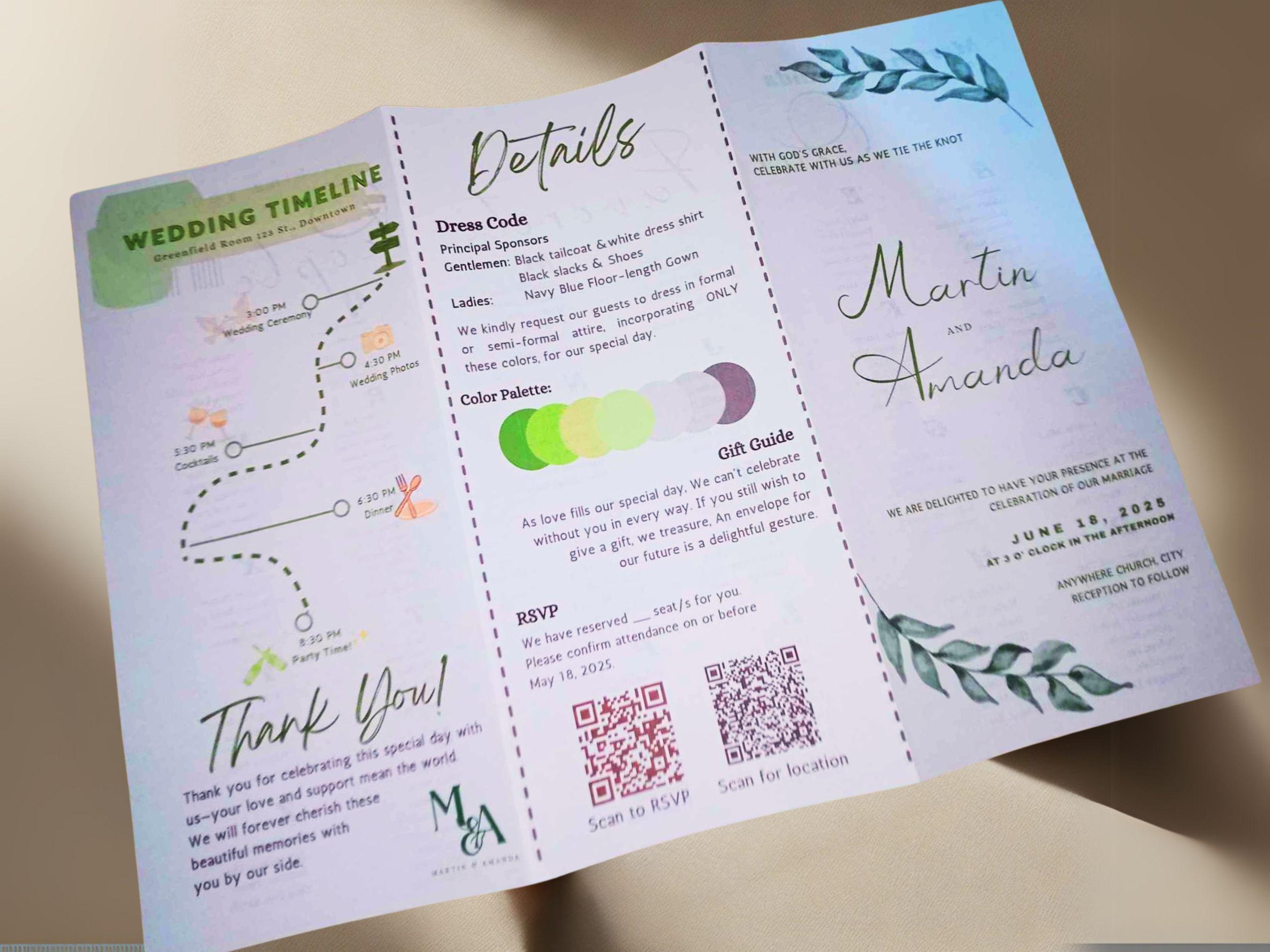 Tri Fold Wedding Program With Seating Chart Editable Canva Template ...