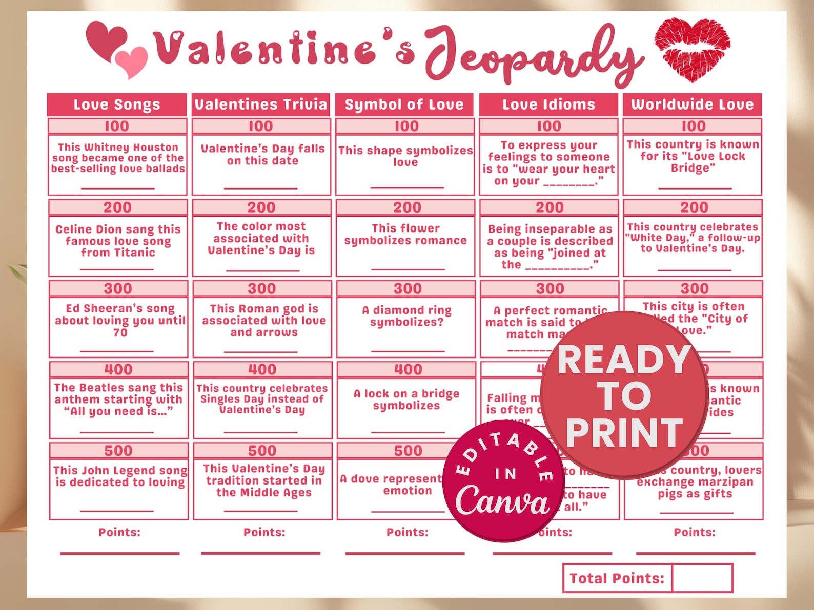 Galentines Jeopardy Game Sheet Valentine's Day Jeopardy Game Printable ...
