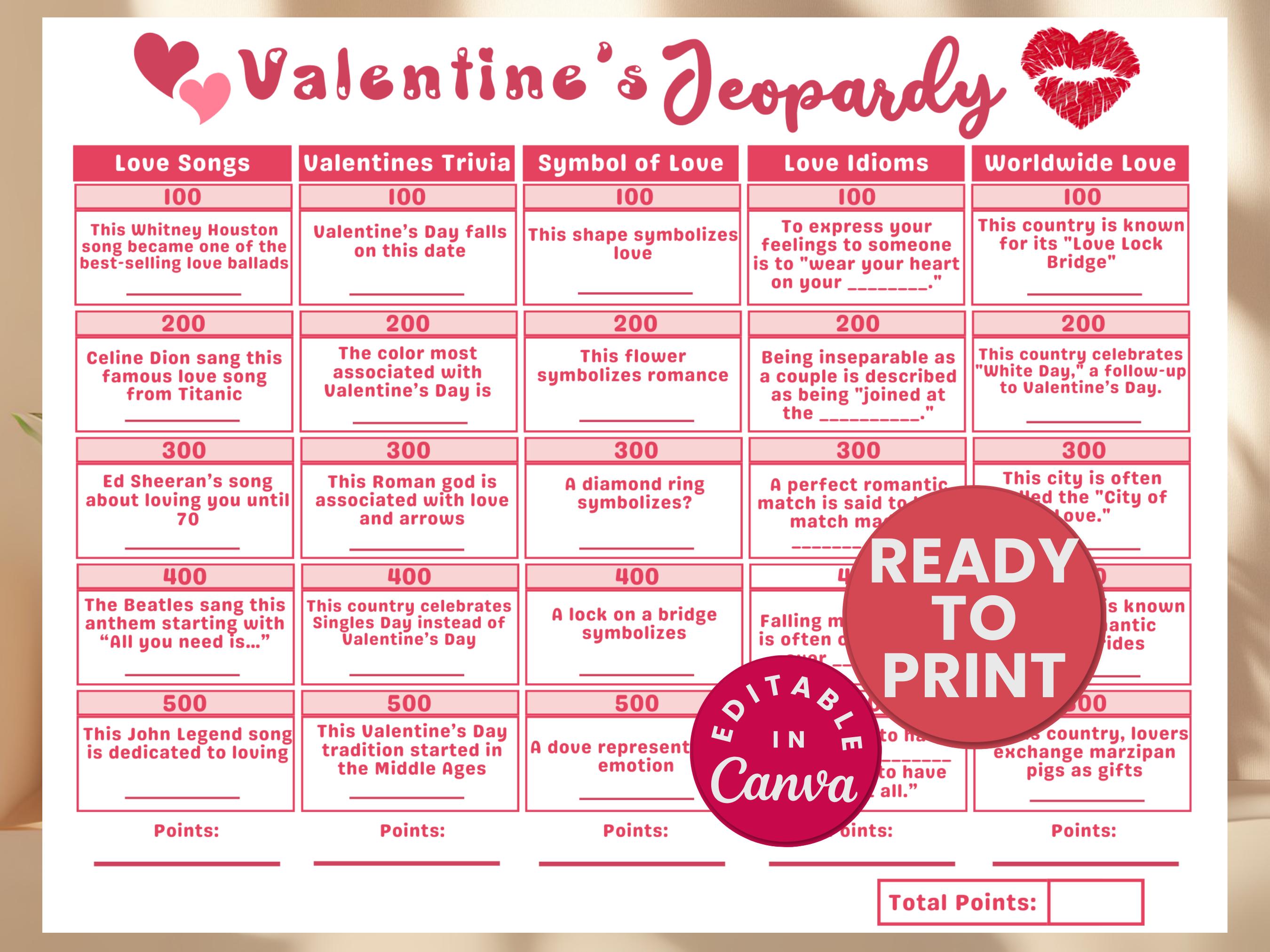 Galentines Jeopardy Game Sheet Valentine's Day Jeopardy Game Printable ...