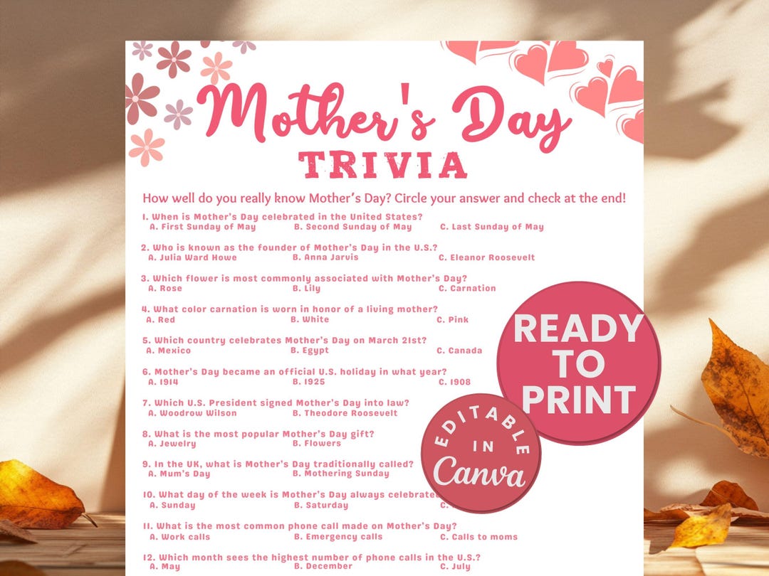Mother's Day Trivia Game Sheet Printable Mom Birthday Party Game Granny ...
