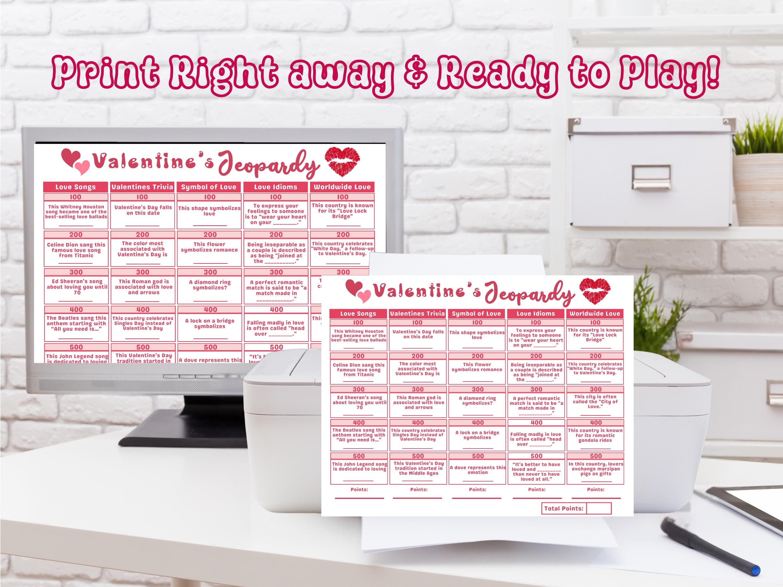 Galentines Jeopardy Game Sheet Valentine's Day Jeopardy Game Printable ...