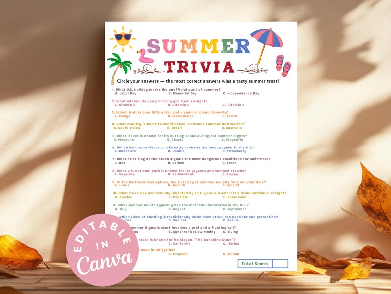 Summer Trivia Game Sheet, Fun Printable Summer Activities for Family ...