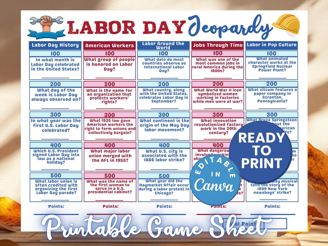 Labor Day Jeopardy Game Sheet Printable Fun Holiday Trivia Quiz for ...