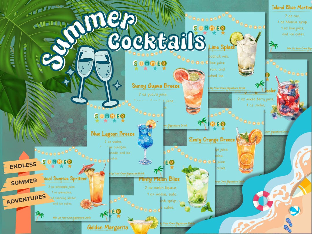 Summer Cocktail Recipe Sign Signature Drink Cards Refreshing Cocktail ...