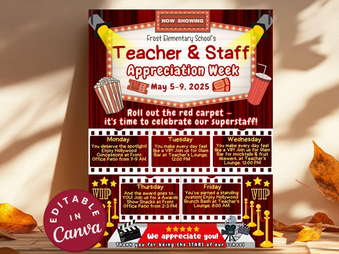 Hollywood Theme Teacher Appreciation Week Flyer Hollywood Editable ...