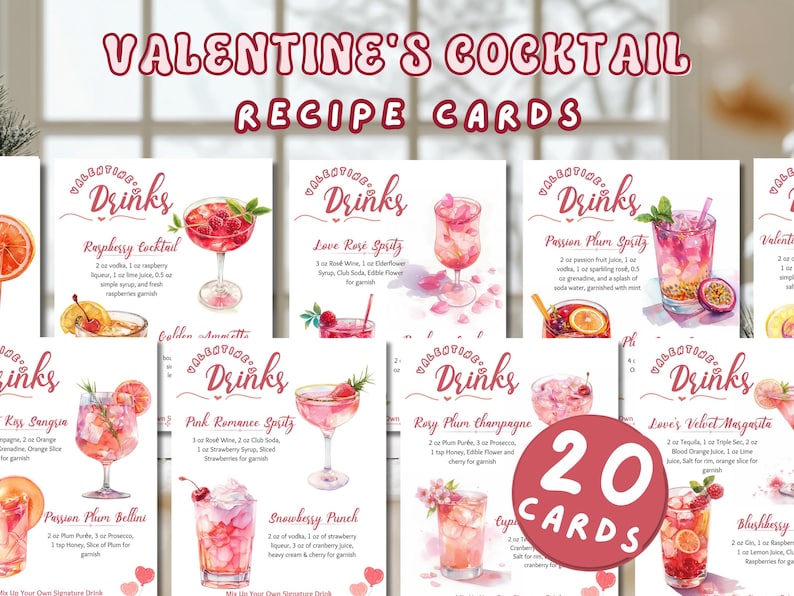20 Valentine's Day Cocktail Recipe Sign Card Galentines Party Menu ...