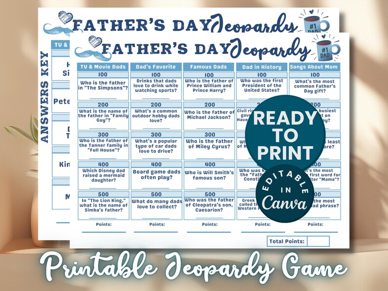 DIY Fathers Day Jeopardy Game Sheet Printable Father's Day Game Card ...