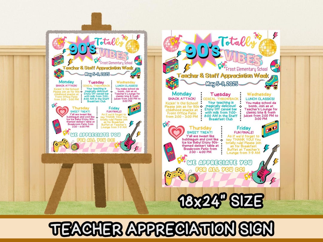 90s Retro Theme Signage Teacher Appreciation Week Itinerary Poster ...