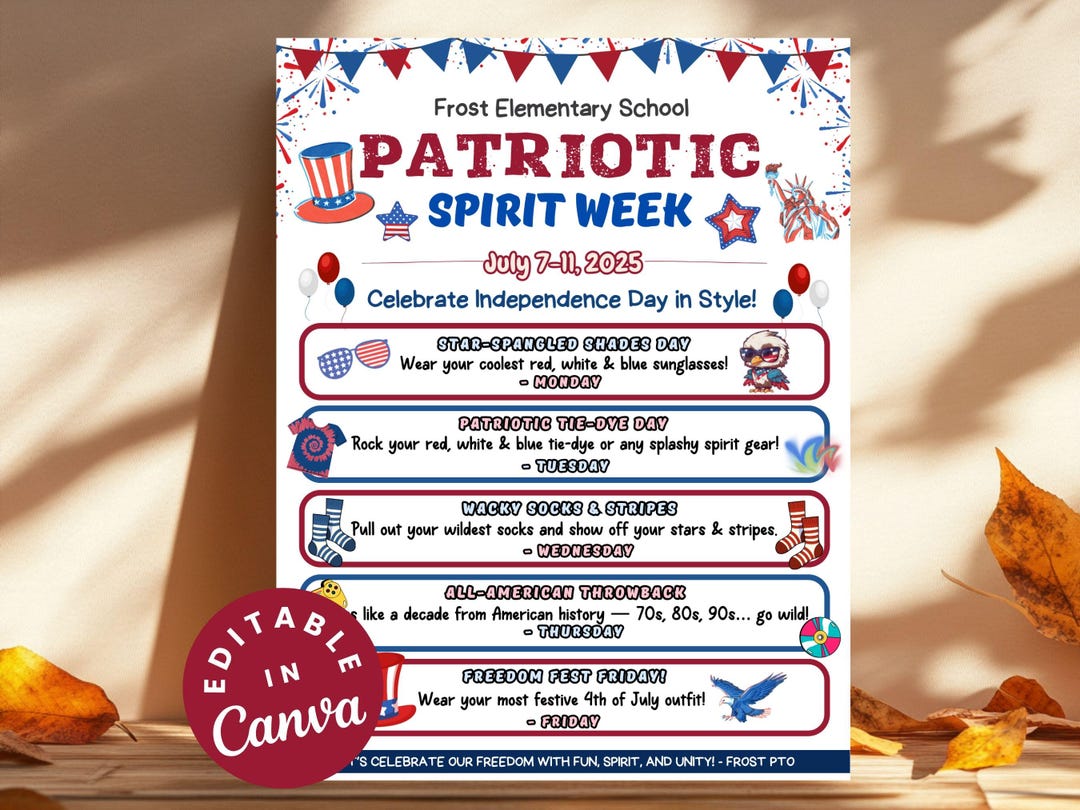 Patriotic School Spirit Week Flyer, Editable 4th of July Template ...