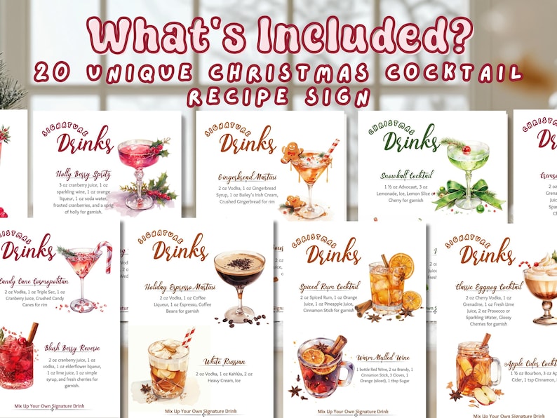 20 Christmas Cocktail Recipe Cards Signage Editable Christmas Party ...