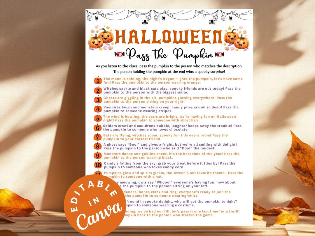 Halloween Pass the Pumpkin Game Printable Holiday Trivia Fall Party ...
