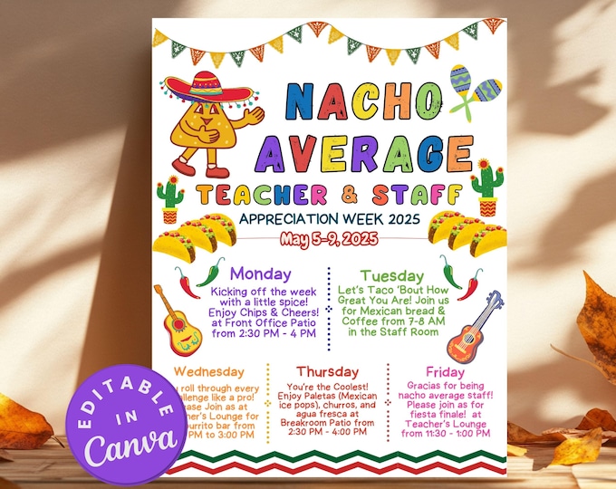 Editable Nacho Average Teacher Appreciation Week Schedule, Taco Nachos ...