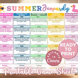 Summer Jeopardy Game Sheet Printable Fun Trivia Challenge, Digital ...