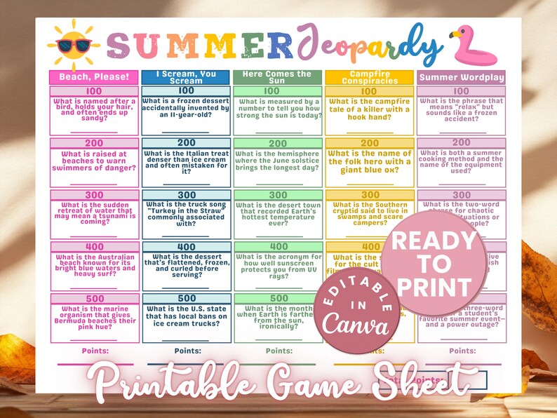Summer Jeopardy Game Sheet Printable Fun Trivia Challenge, Digital ...