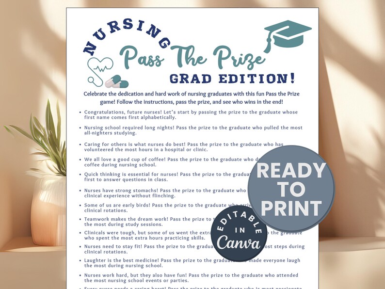Printable Nurse Pass the Prize Graduation Party Games Nursing Pass the ...