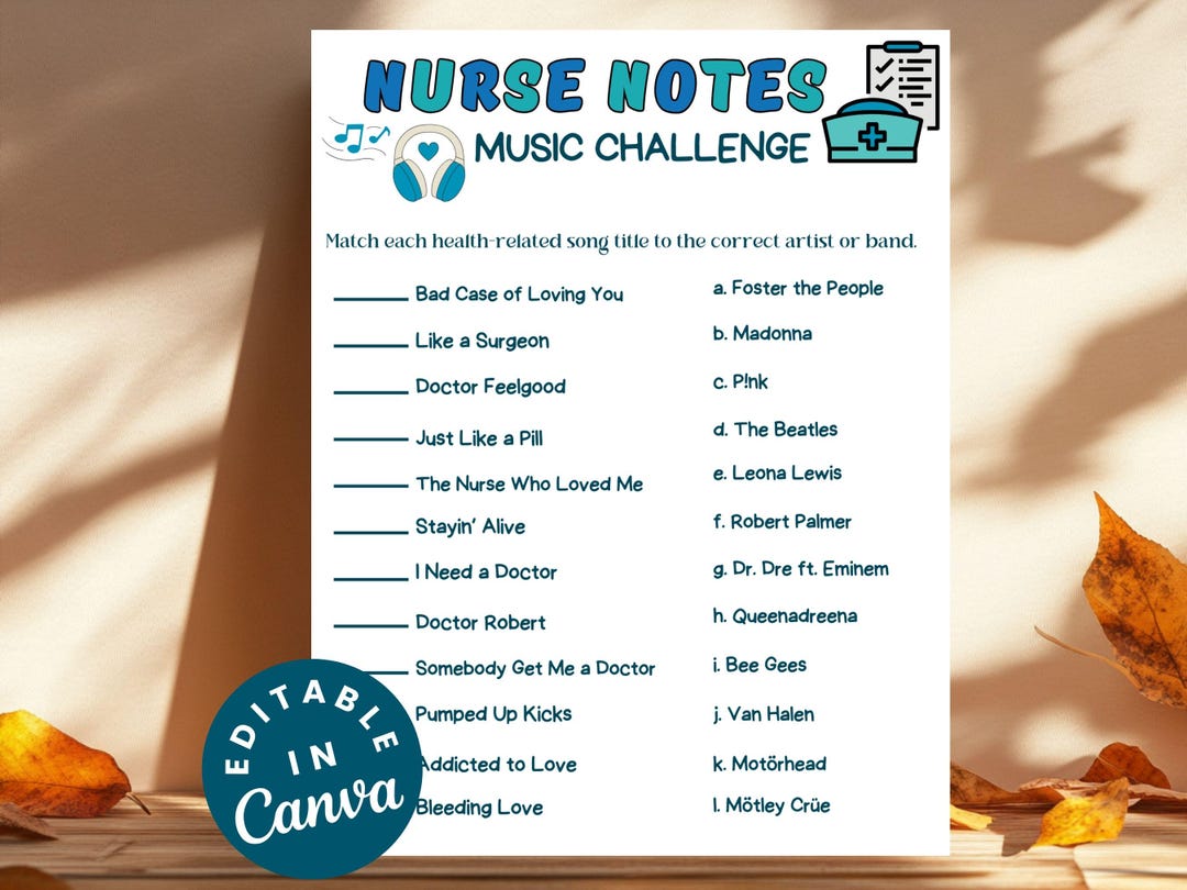 Nurse Music Game Fun Nurse Trivia Music Challenge Nurses Week Printable ...