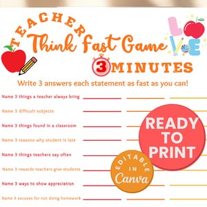 Think Fast Game Printable Teacher Appreciation Trivia Game Back to ...