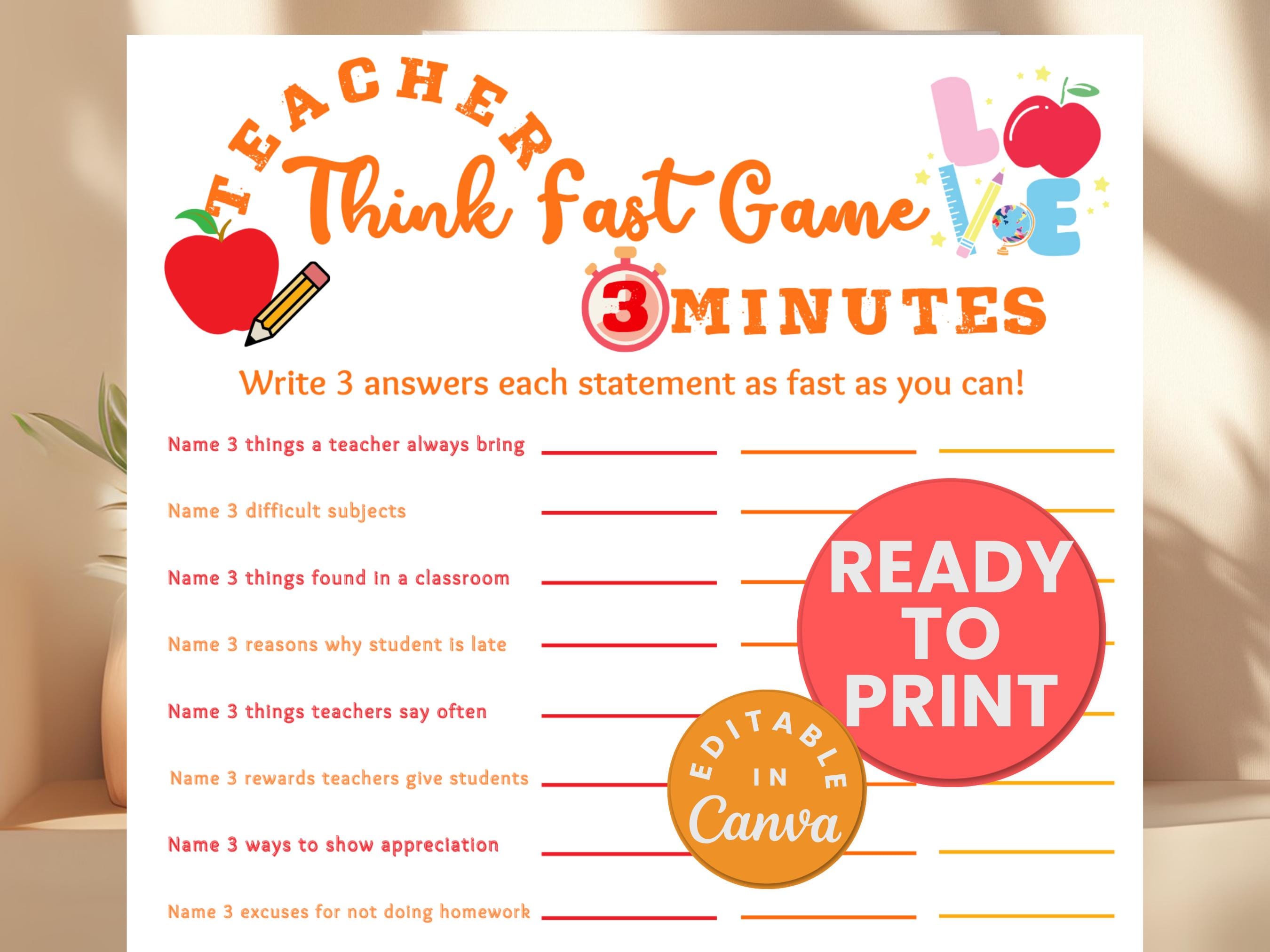 Think Fast Game Printable Teacher Appreciation Trivia Game Back to ...