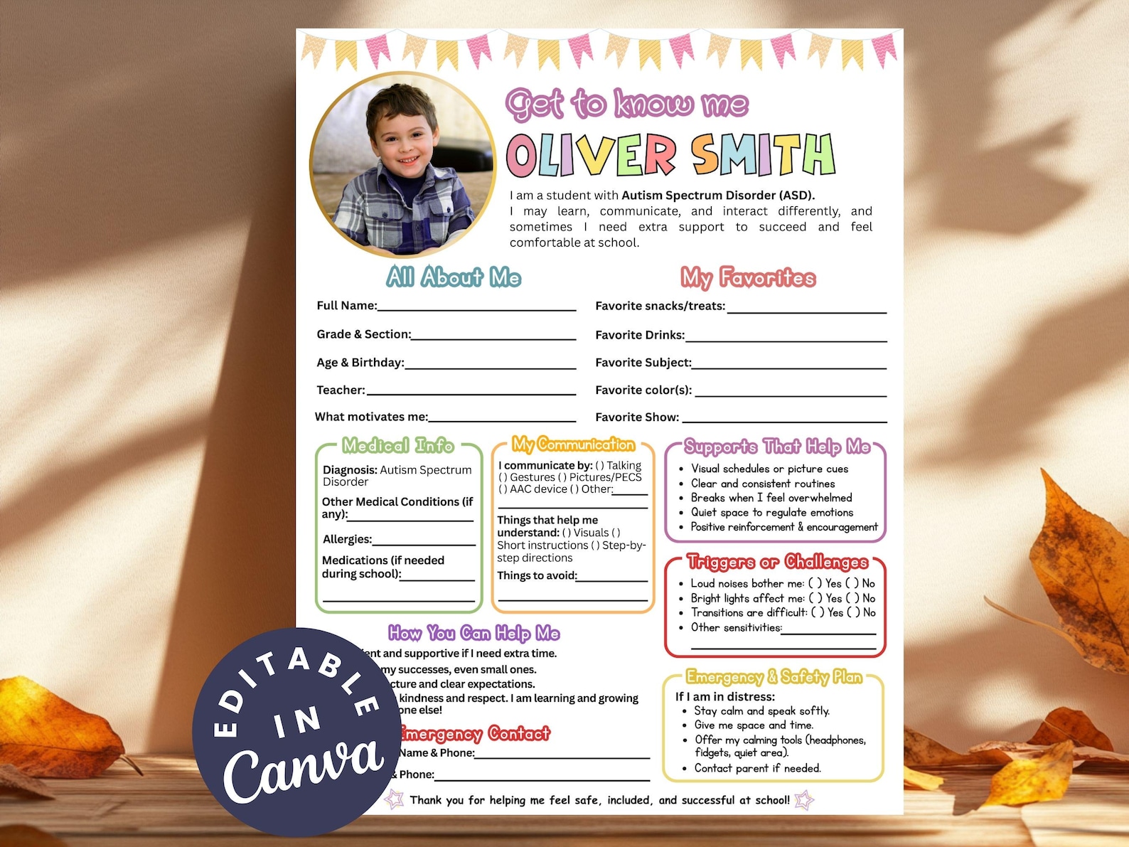 All About Me Autism Boy Template Medical Information Sheet Special ...