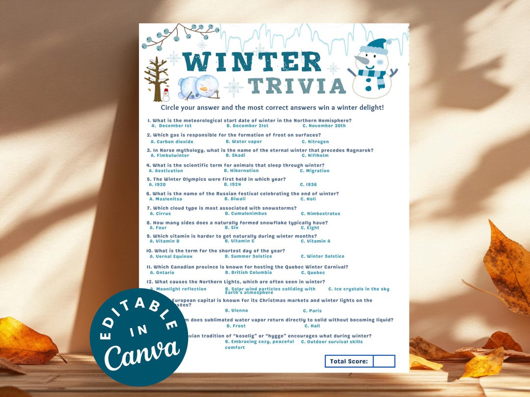 Winter Trivia Game Sheet Fun Printable Holiday Trivia Games for Family ...