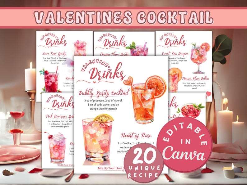 20 Valentine's Day Cocktail Recipe Sign Card Galentines Party Menu ...