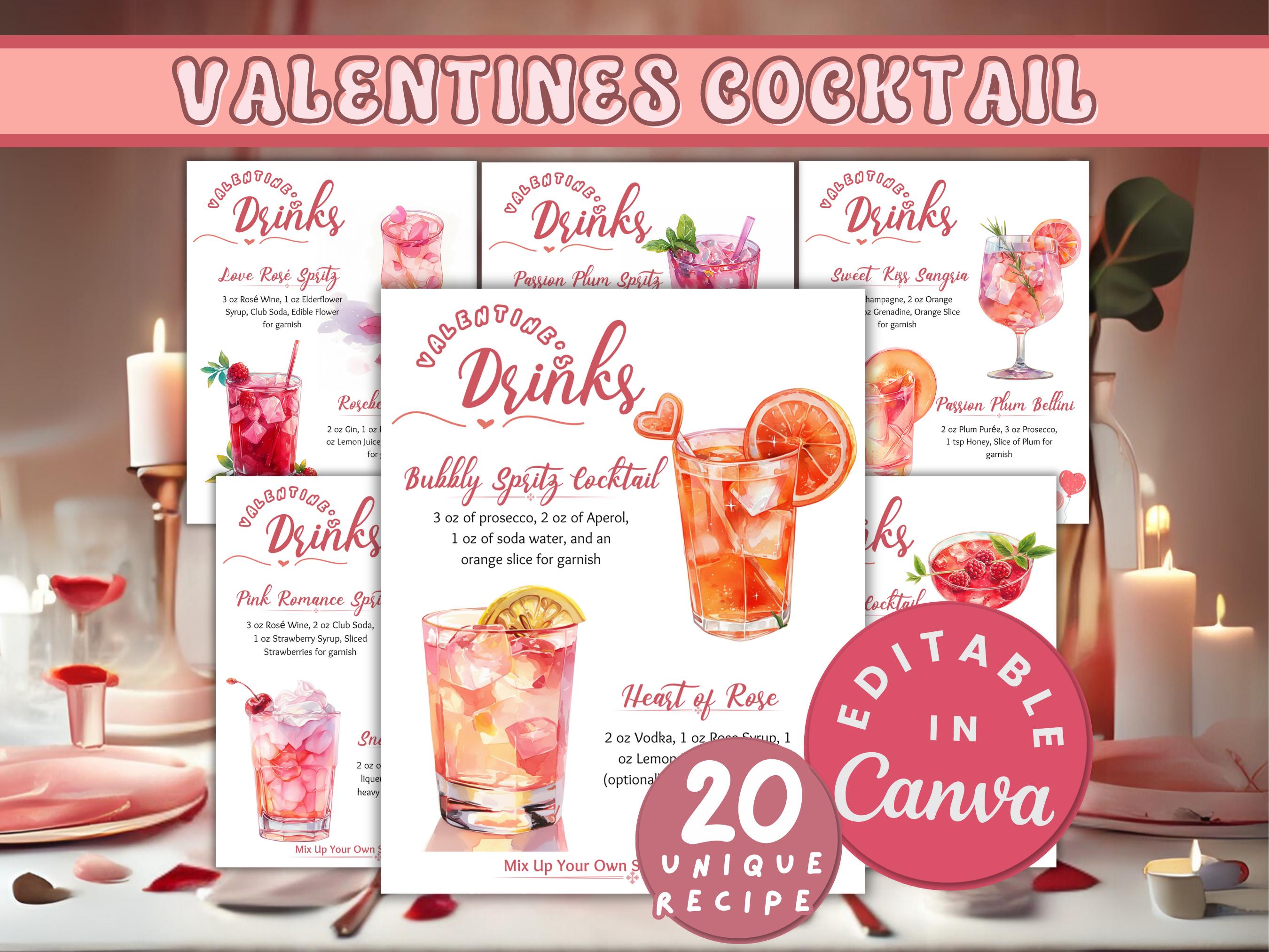 20 Valentine's Day Cocktail Recipe Sign Card Galentines Party Menu ...