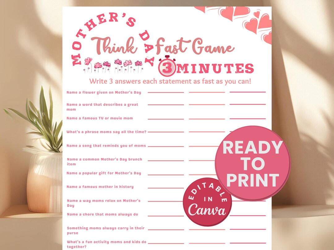 Mothers Day Think Fast Game Printable Mother's Day Trivia Game for Mom ...
